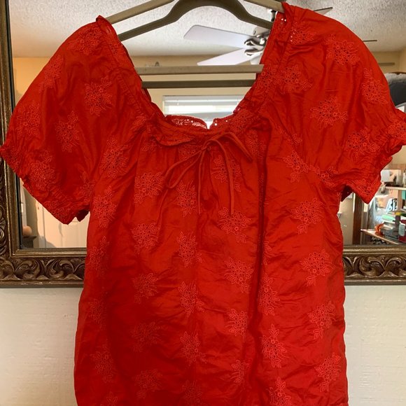 J. Crew | Tops | Tomato Red Peasant Top Jcrew Eyelet | Poshmark